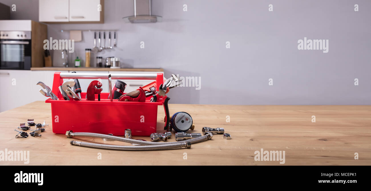 Toolbox With Different Worktools On Wooden Desk Stock Photo - Alamy