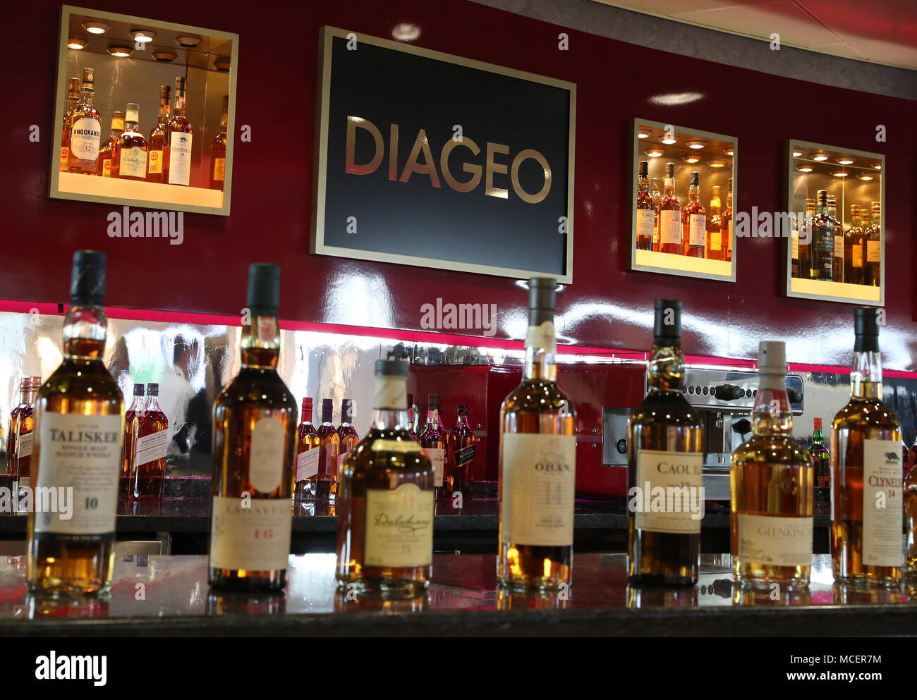 Diageo owned whiskies on a bar at their headquarters in Edinburgh where ...