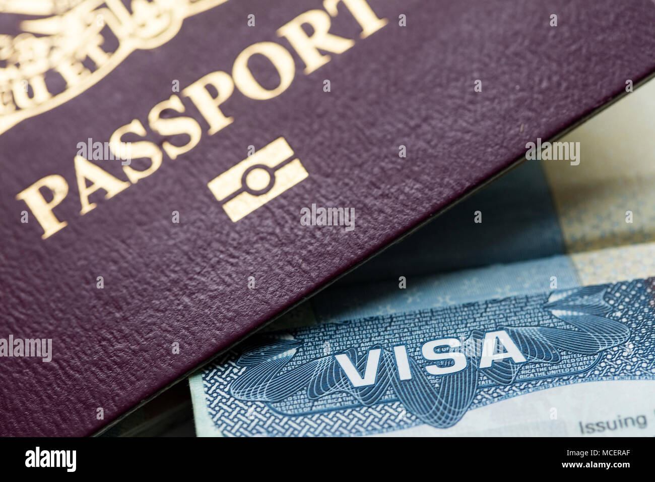 Close up of a Visa document and passport. Immigration and emigration ...