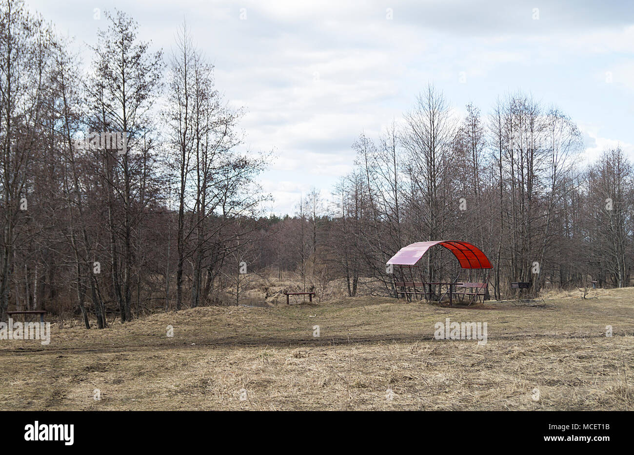 Spring landscape with summerhouse ashore streams on background dull sky ...