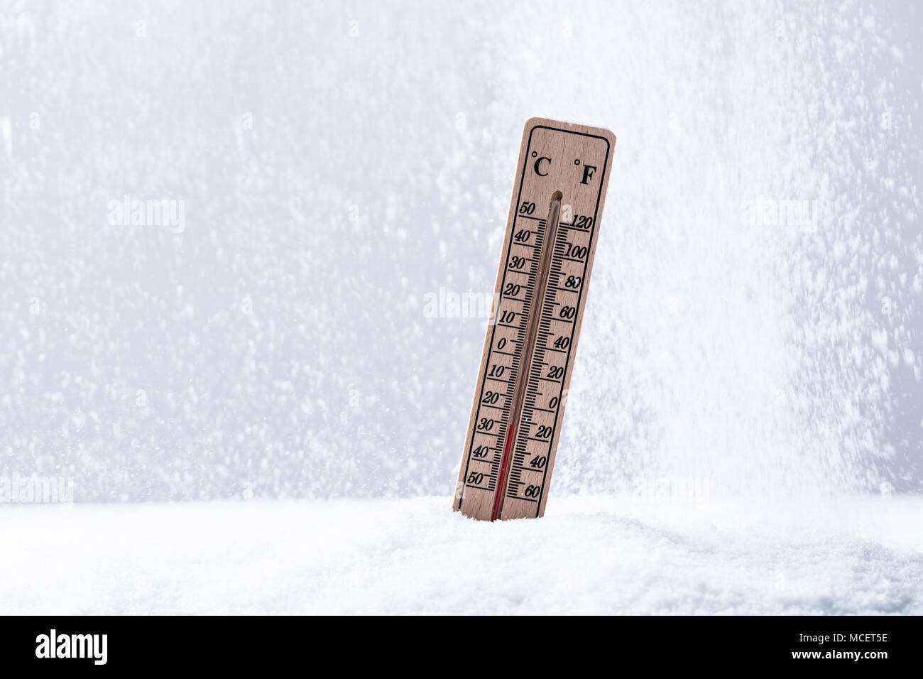 Thermometer On Snow Showing Low Temperature In Heavy Snowfall Stock ...