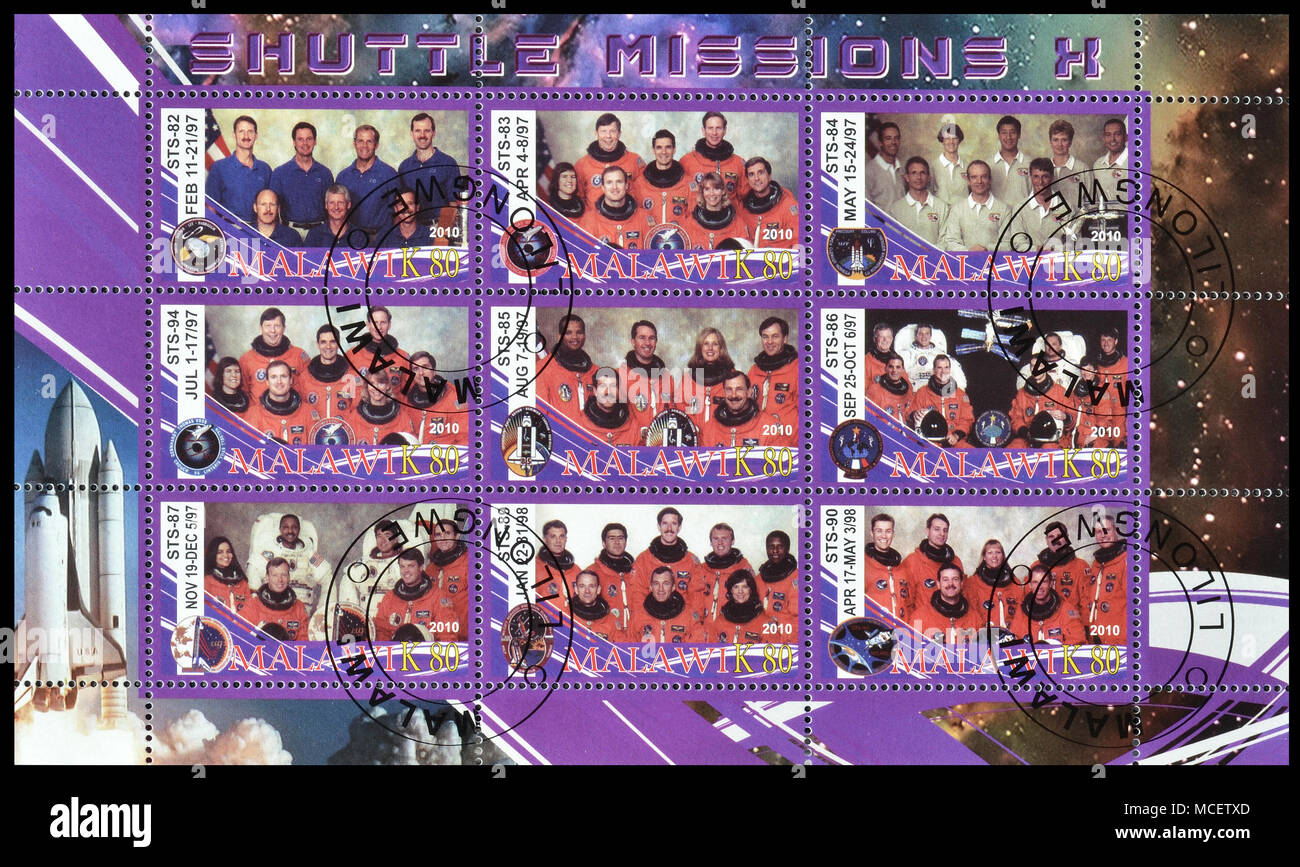 Block of cancelled postage stamps printed by Malawi, that shows Shuttle ...