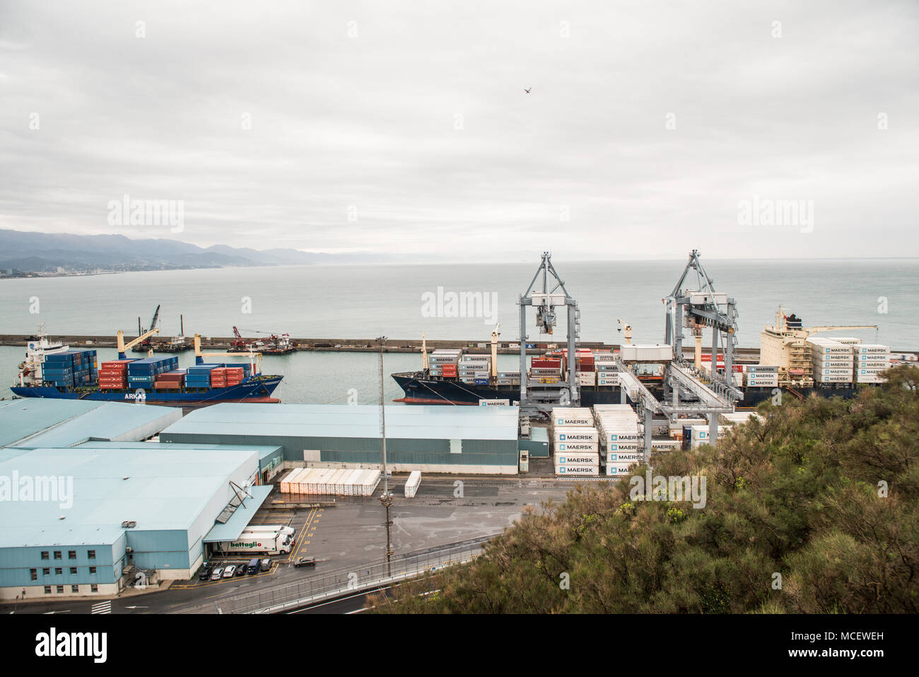 View of the port from S. Giacomo Fort in Vado Ligure, Italy Stock Photo ...