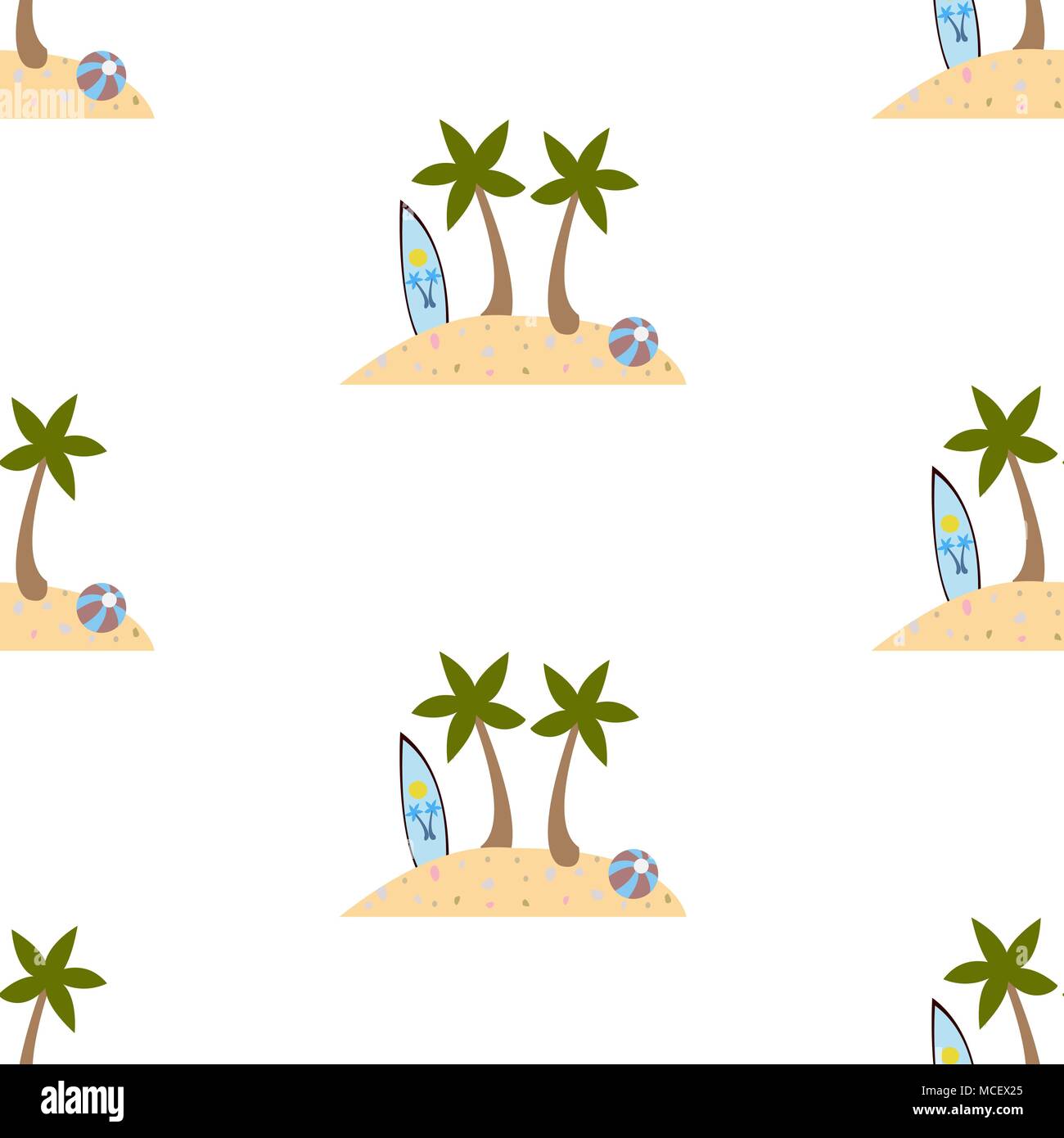 Seamless summer pattern with isolated island, surfing board, two palms ...