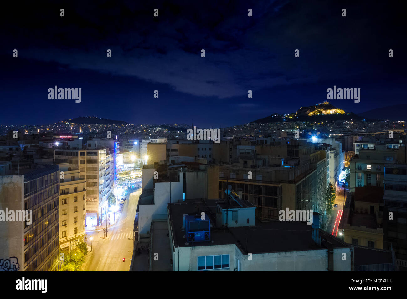 Illuminated cityscape at night, Athens, Greece Stock Photo - Alamy