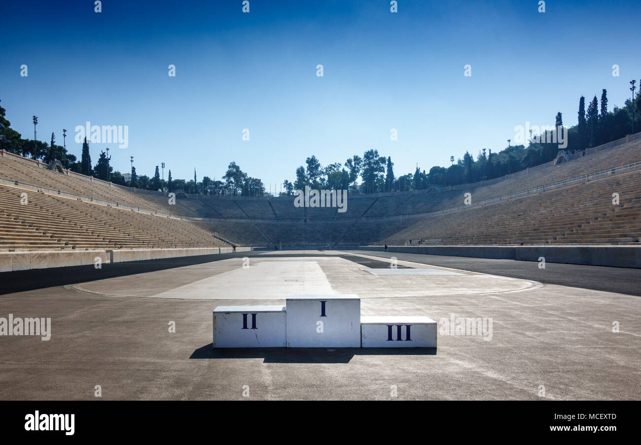 Winners podium at the Panathinaiko Stadium under sunlight, Athens ...