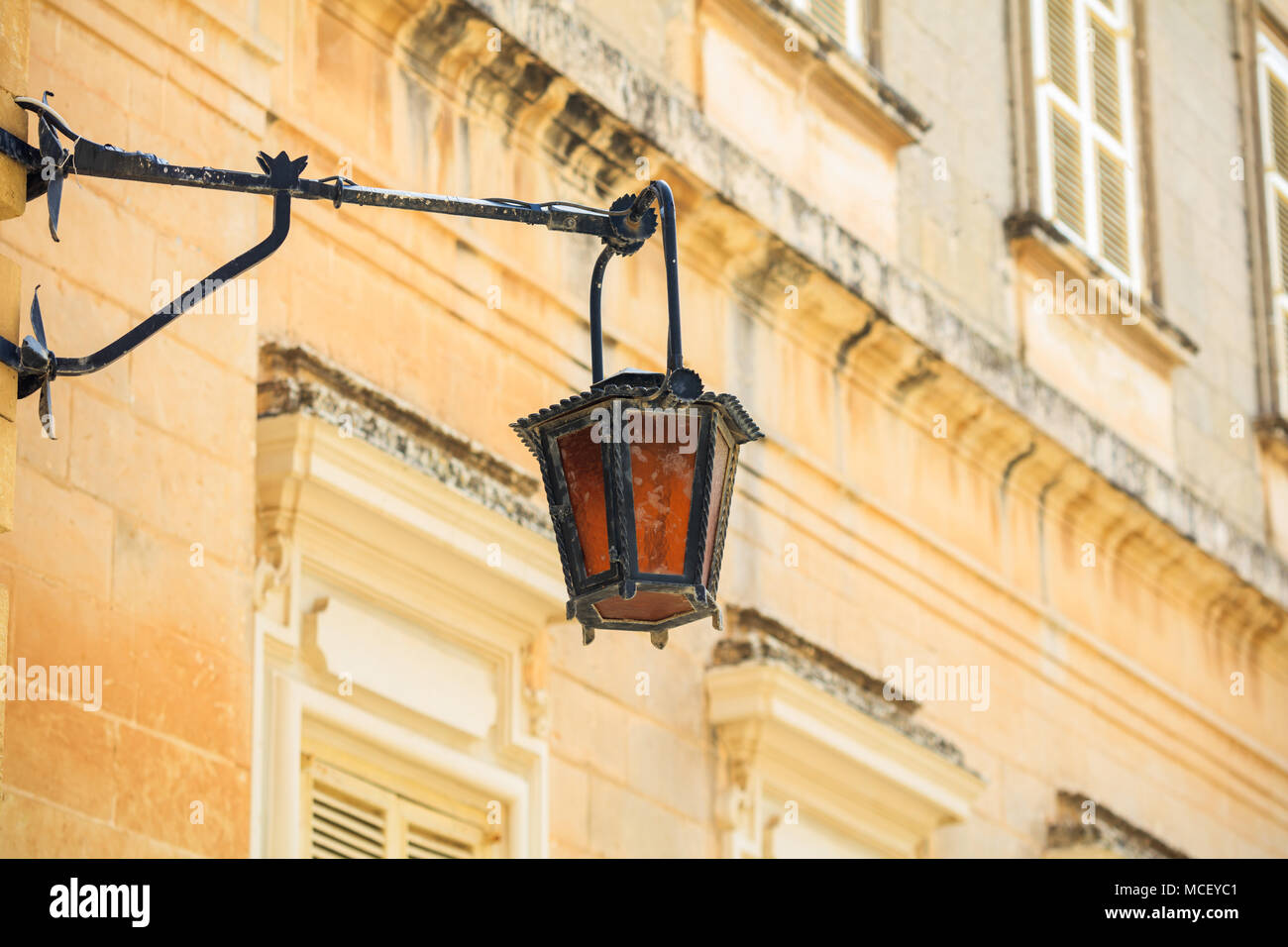 Mdina, Malta island. Old lantern lamp in the medieval city with the ...