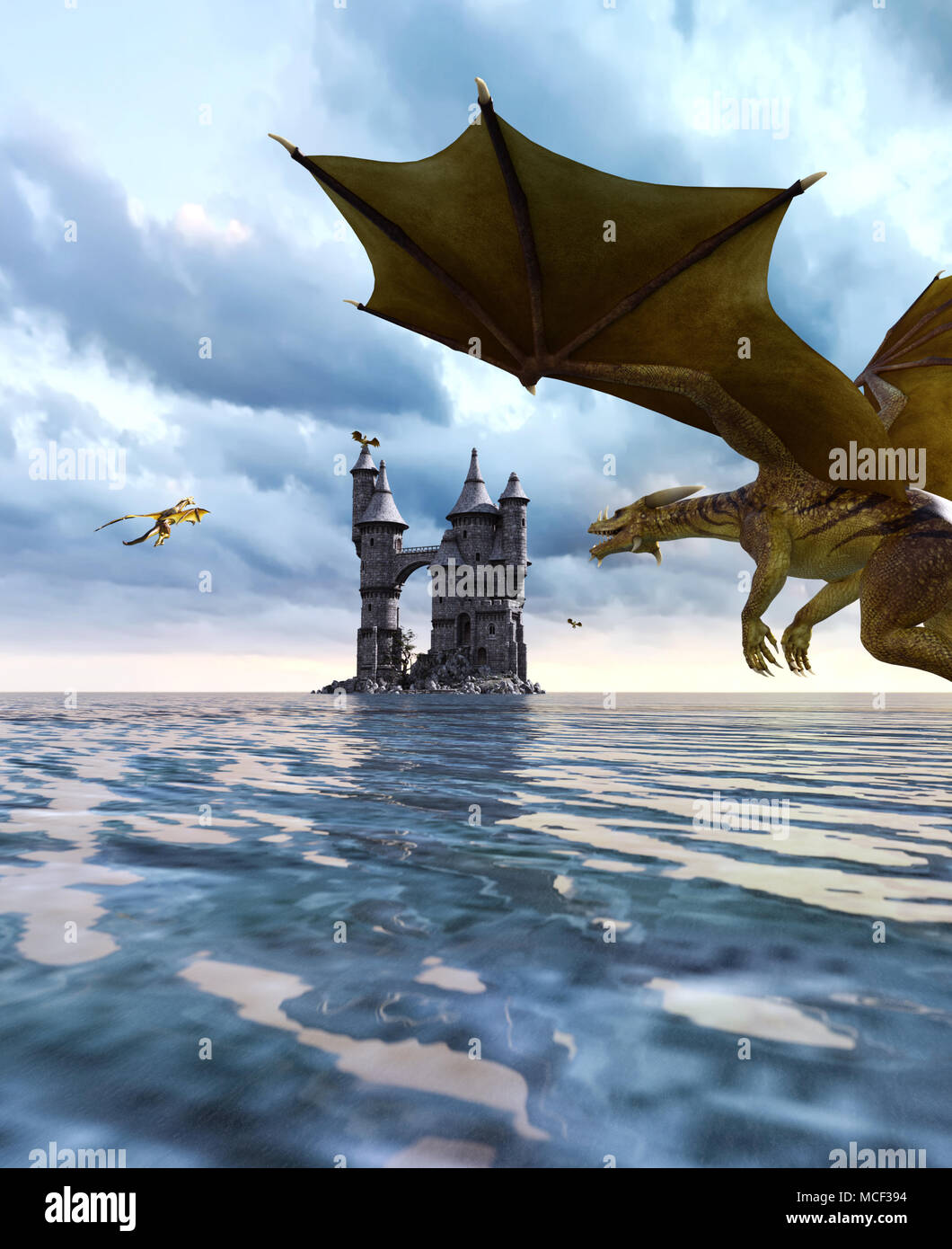 3d Fantasy dragon in mythical island,Fantasy fairy tale of sea monster ...