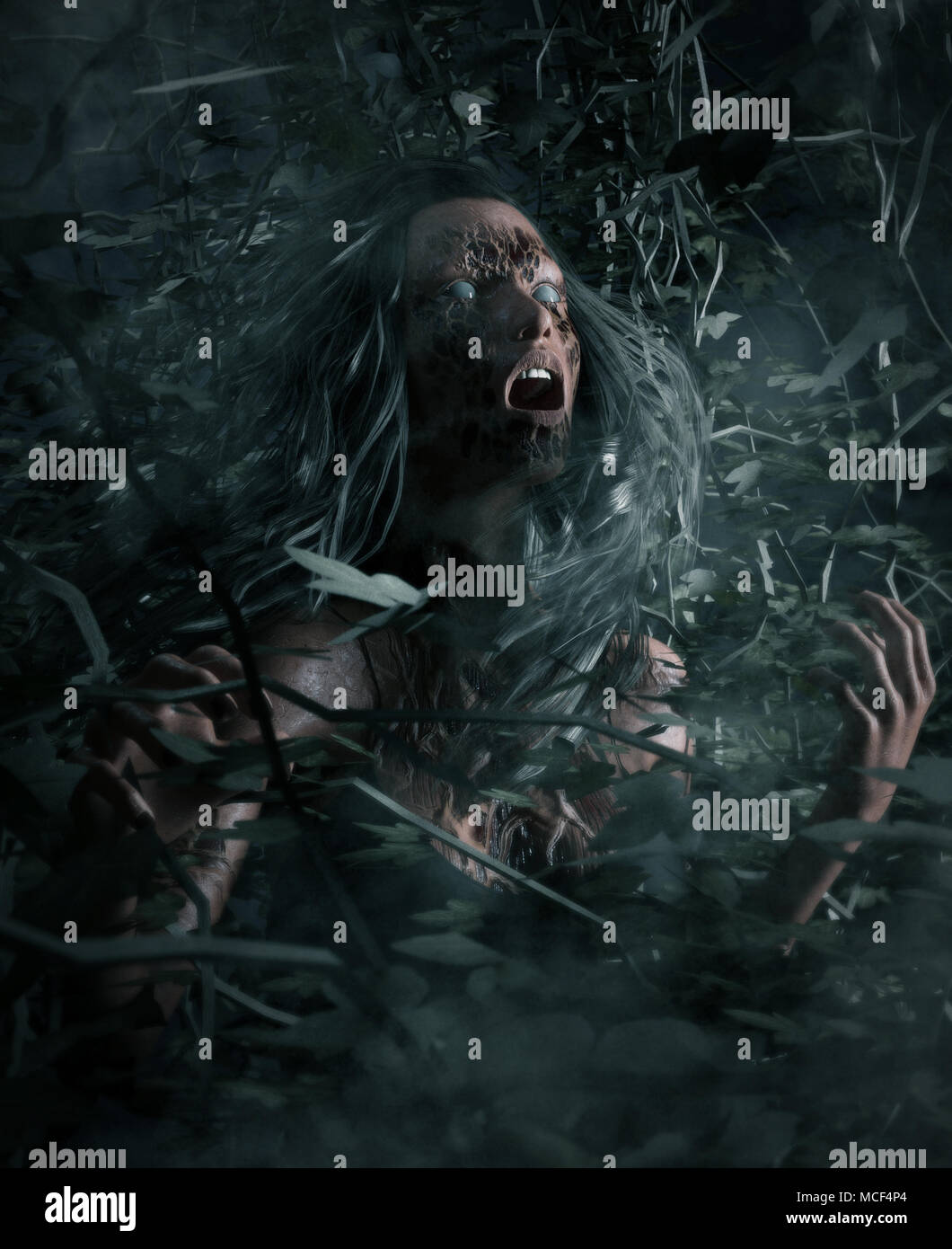 3d illustration portrait of scary ghost woman in woods vine,Horror ...
