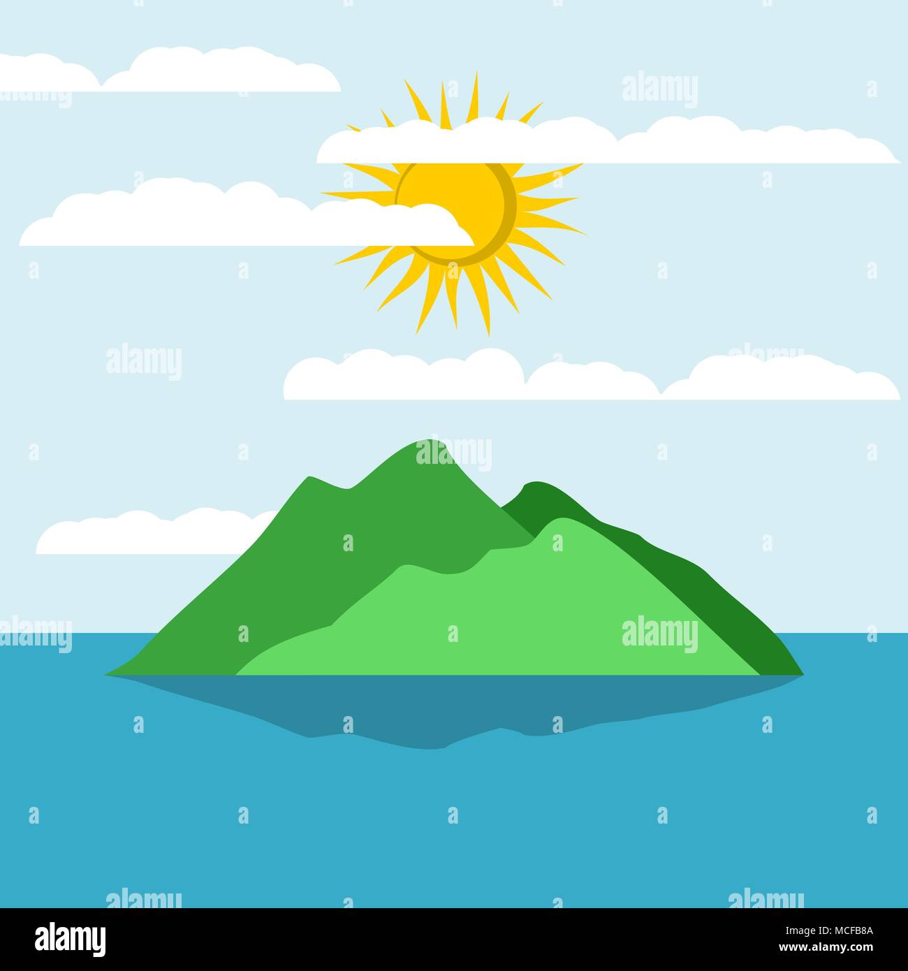 Stylized design with island, sea, sky, sun and clouds. Vector ...