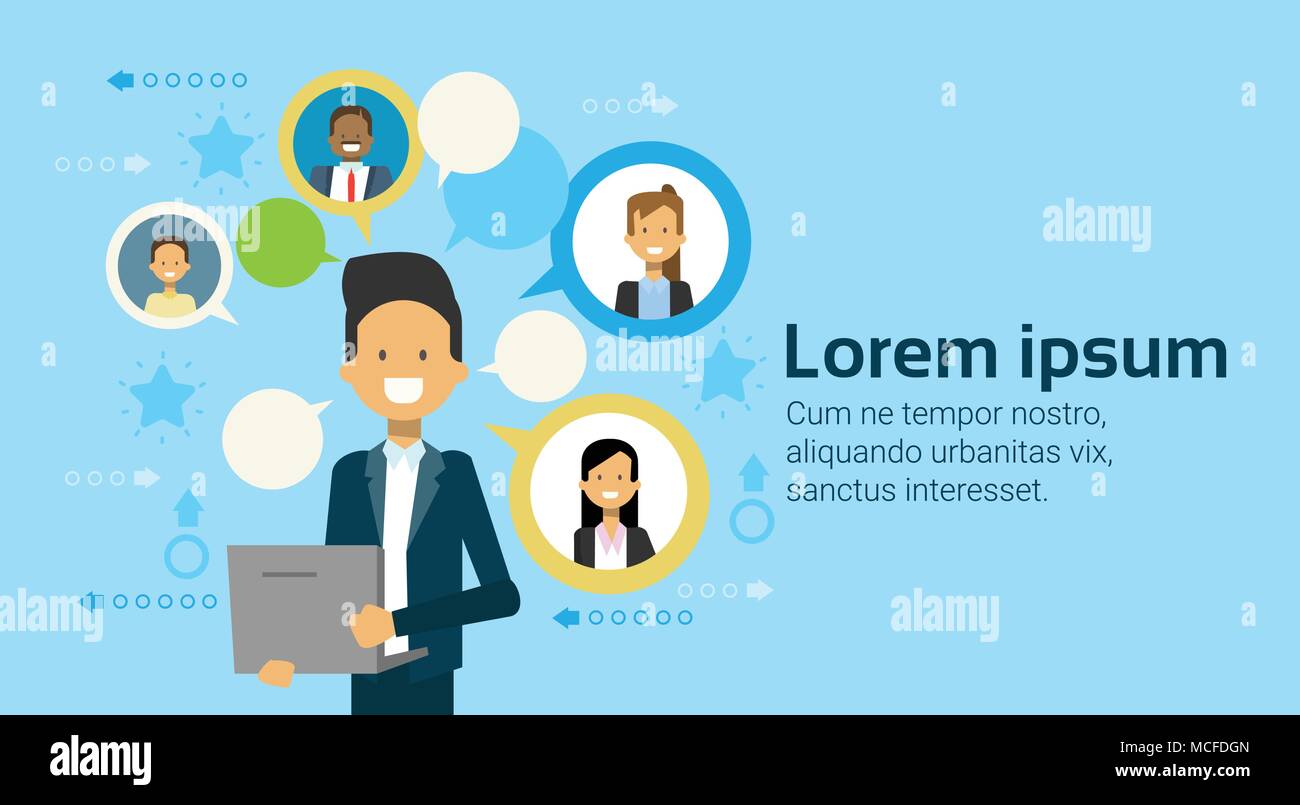 Businessman Using Laptop Computer Communicating With Businesspeople ...