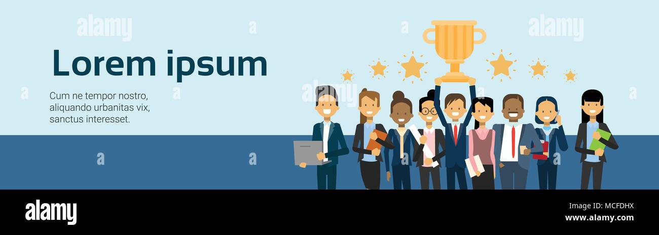 Group Of Successful Business People Winners Over Golden Cup Background ...