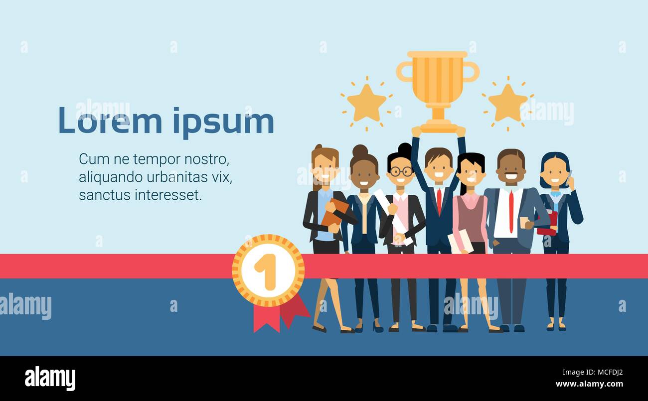 Successful Business People Team Winners Over Golden Cup Background With ...