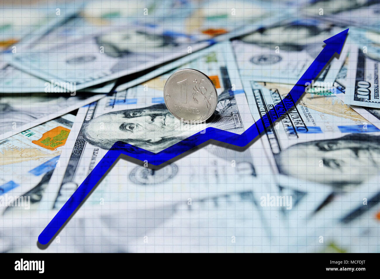 blue arrow chart on the background of hundred-dollar bills and the ...