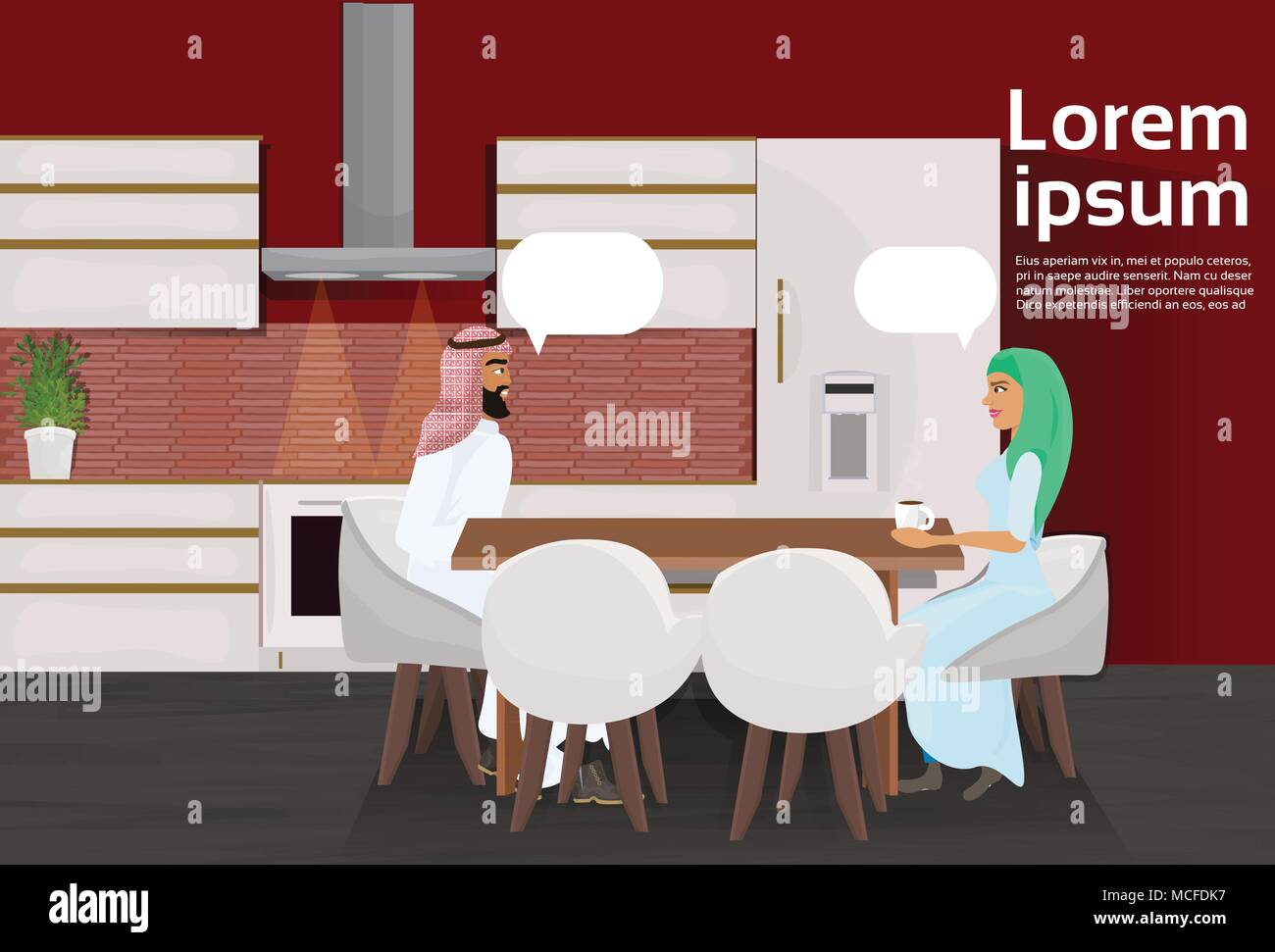 Arab Couple Drinking Coffee Sitting At Table In Modern Kitchen Room ...