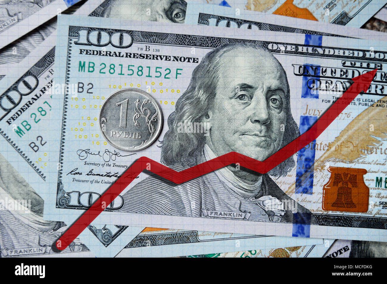 red arrow chart on the background of hundred-dollar bills and the ...