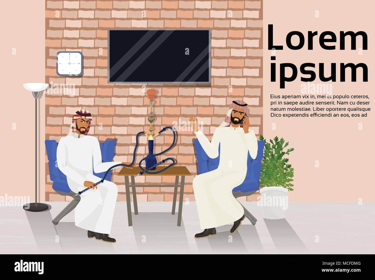 Two Arab Men Smoking Hookah Sitting At Table In Shisha Lounge Over ...