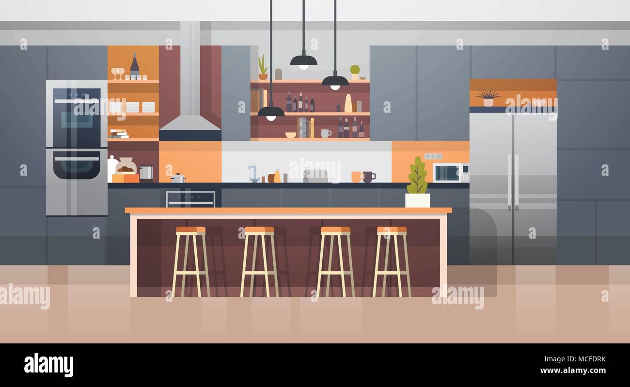 Kitchen Room Interior With Modern Furniture Counter And Appliances Flat ...