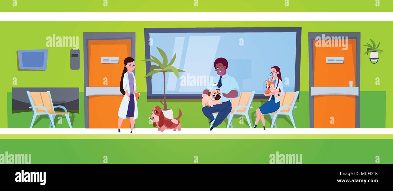 Group Of People With Dogs Sitting In Waiting Room In Vet Clinic ...