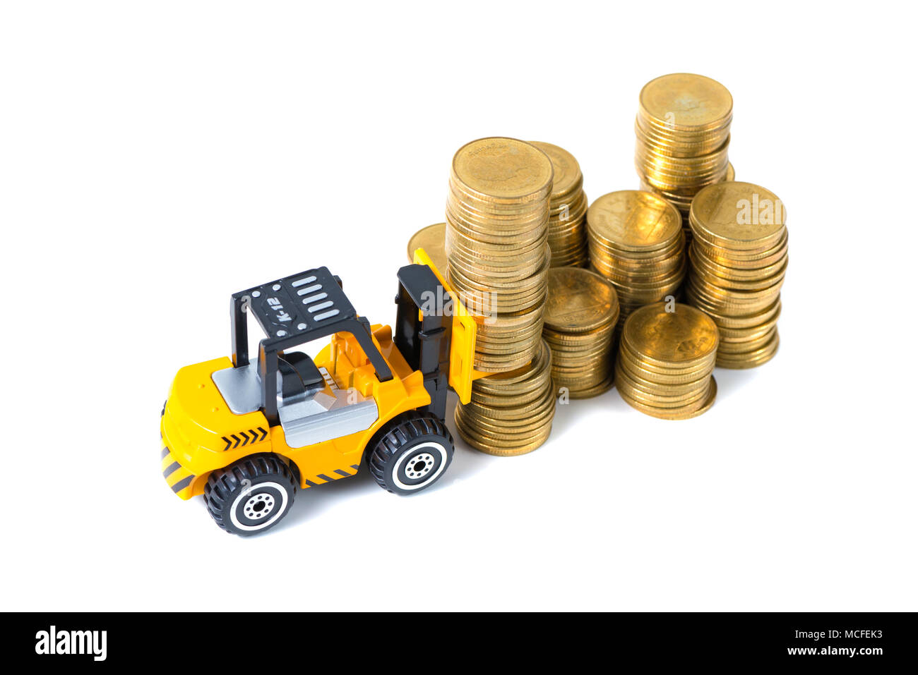 Mini forklift truck loading stack coin with steps of gold coin ...
