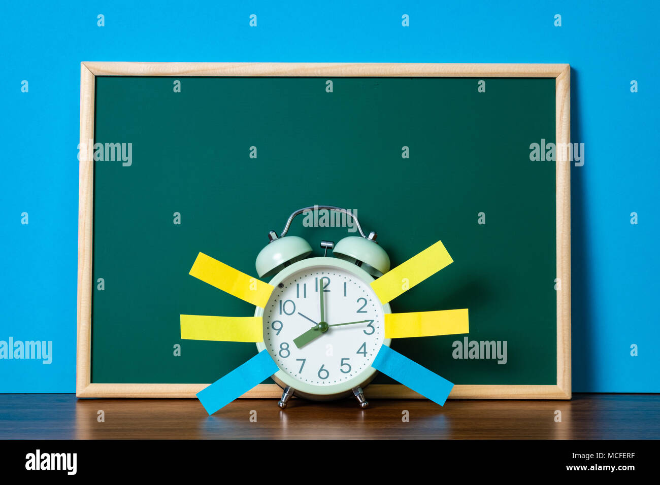 Post it note paper sticky and vintage alarm clock and blank green ...