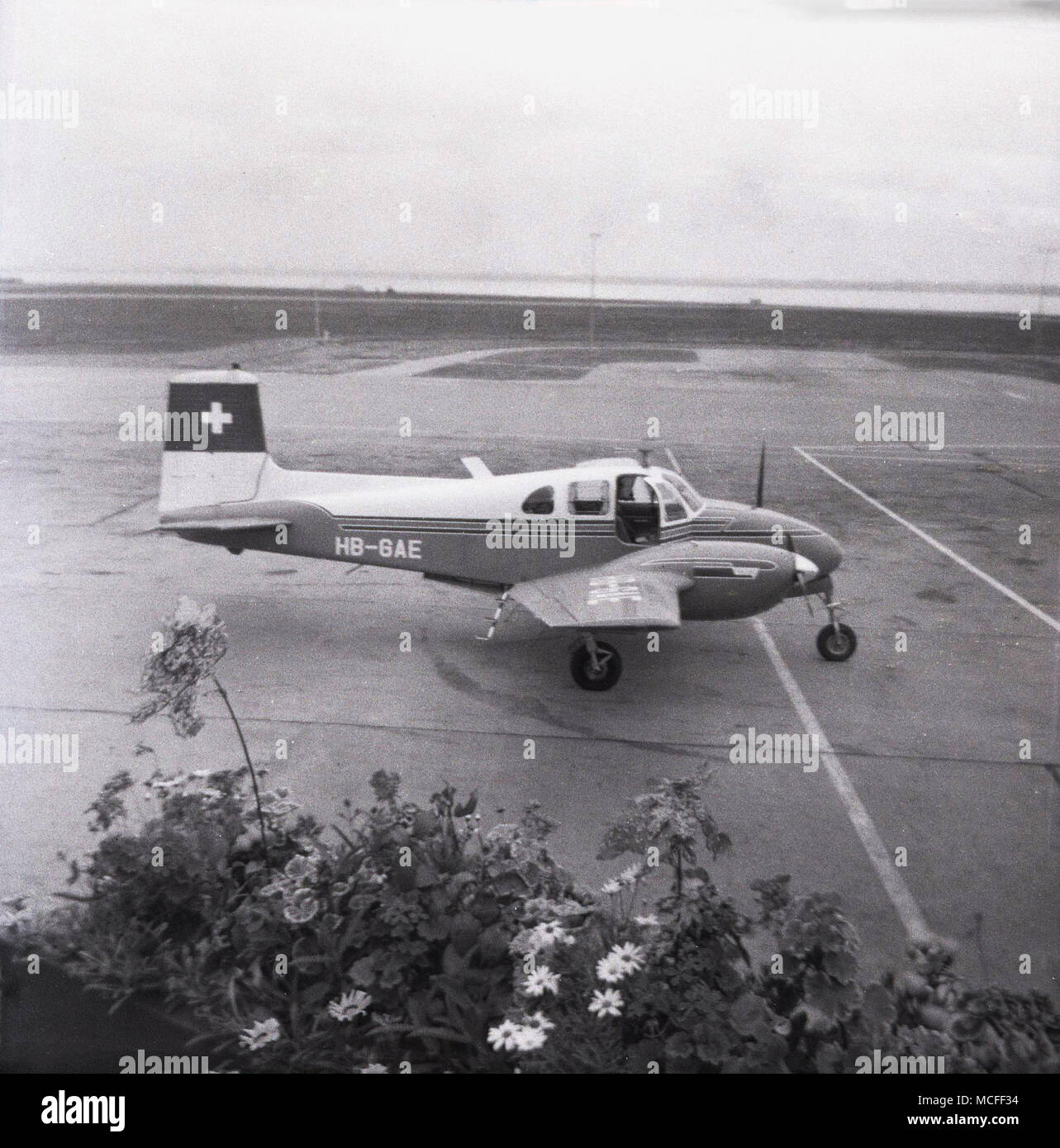 Liverpool airport, 1960s, a small propellered Swiss registered light ...