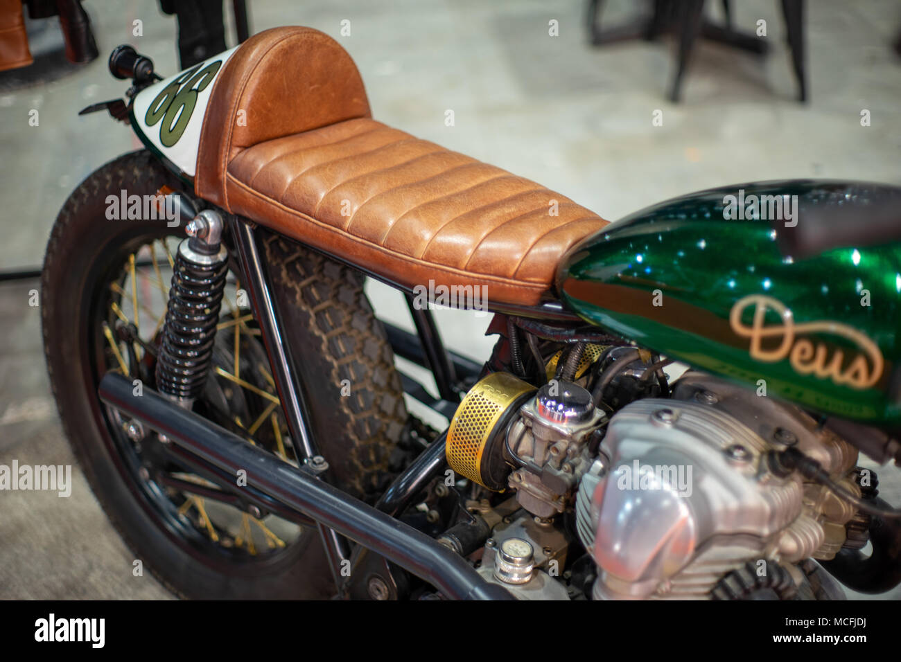 Close up of customised Deus bike and seat at Abu Dhabi International ...