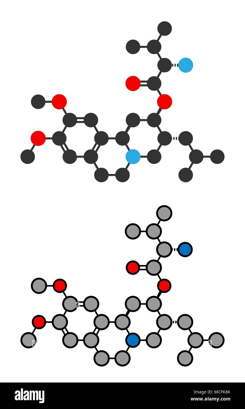 Valbenazine tardive dyskinesia drug molecule. Stylized 2D renderings ...