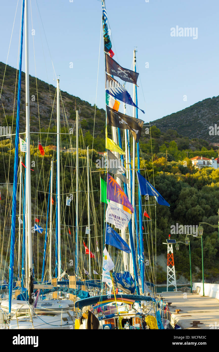 Lots of Flags on Sailing Boat in Harbour Stock Photo - Alamy
