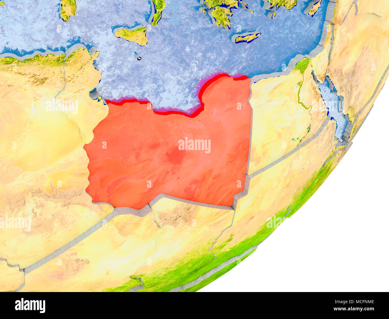 3D render of Libya on political globe with embossed countries with real ...