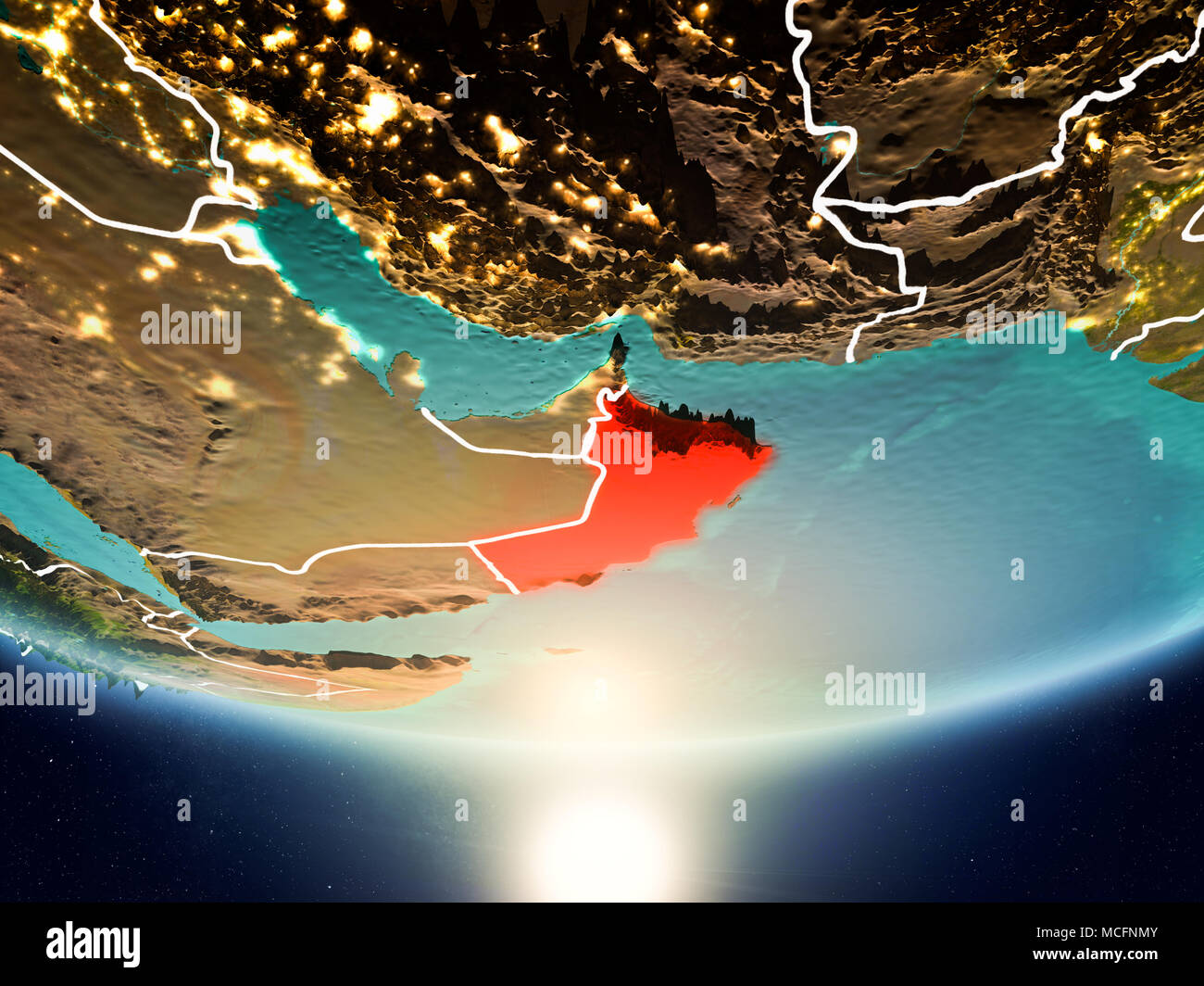 Oman from orbit of planet Earth in sunrise with highly detailed surface ...