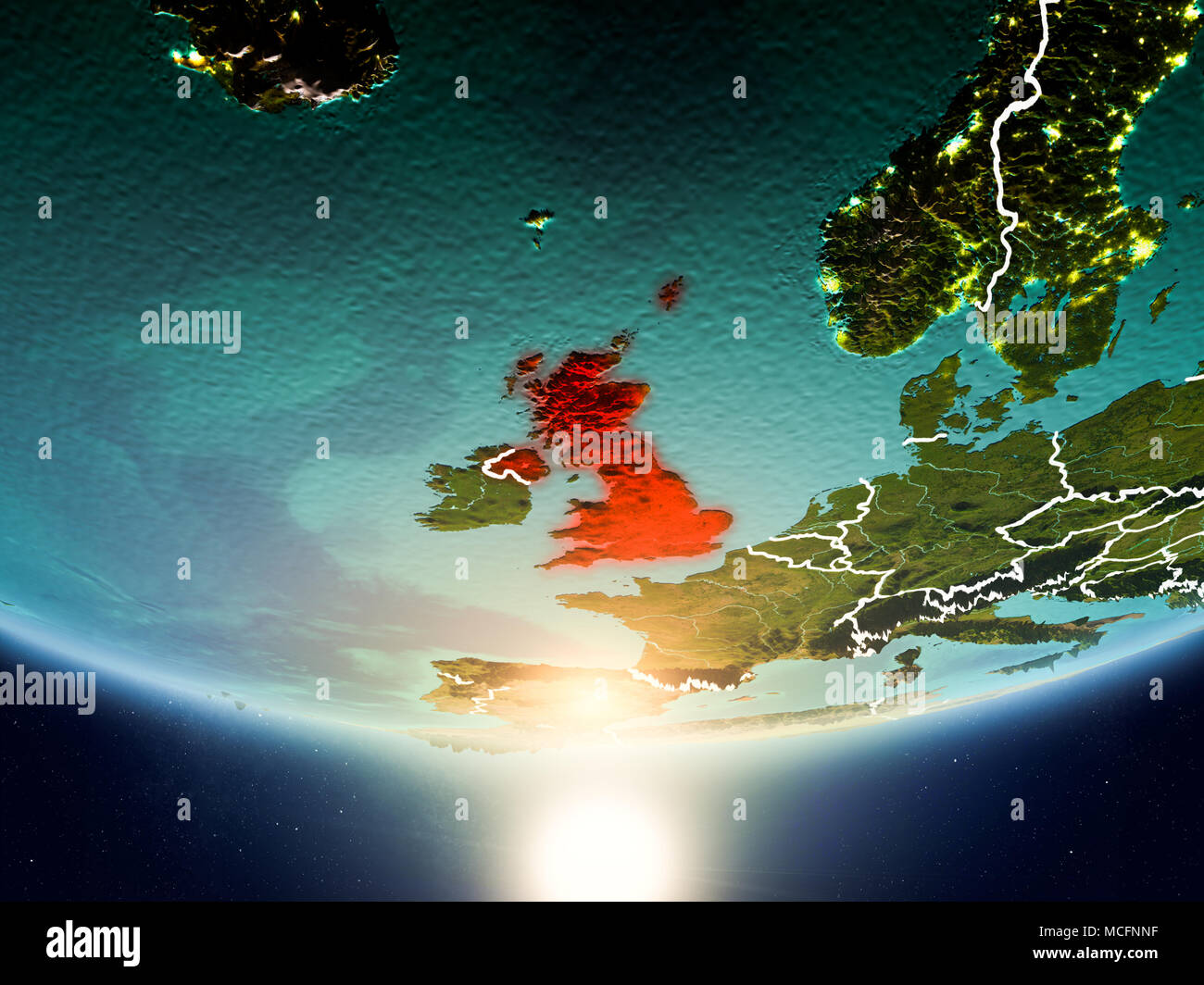 United Kingdom from orbit of planet Earth in sunrise with highly ...