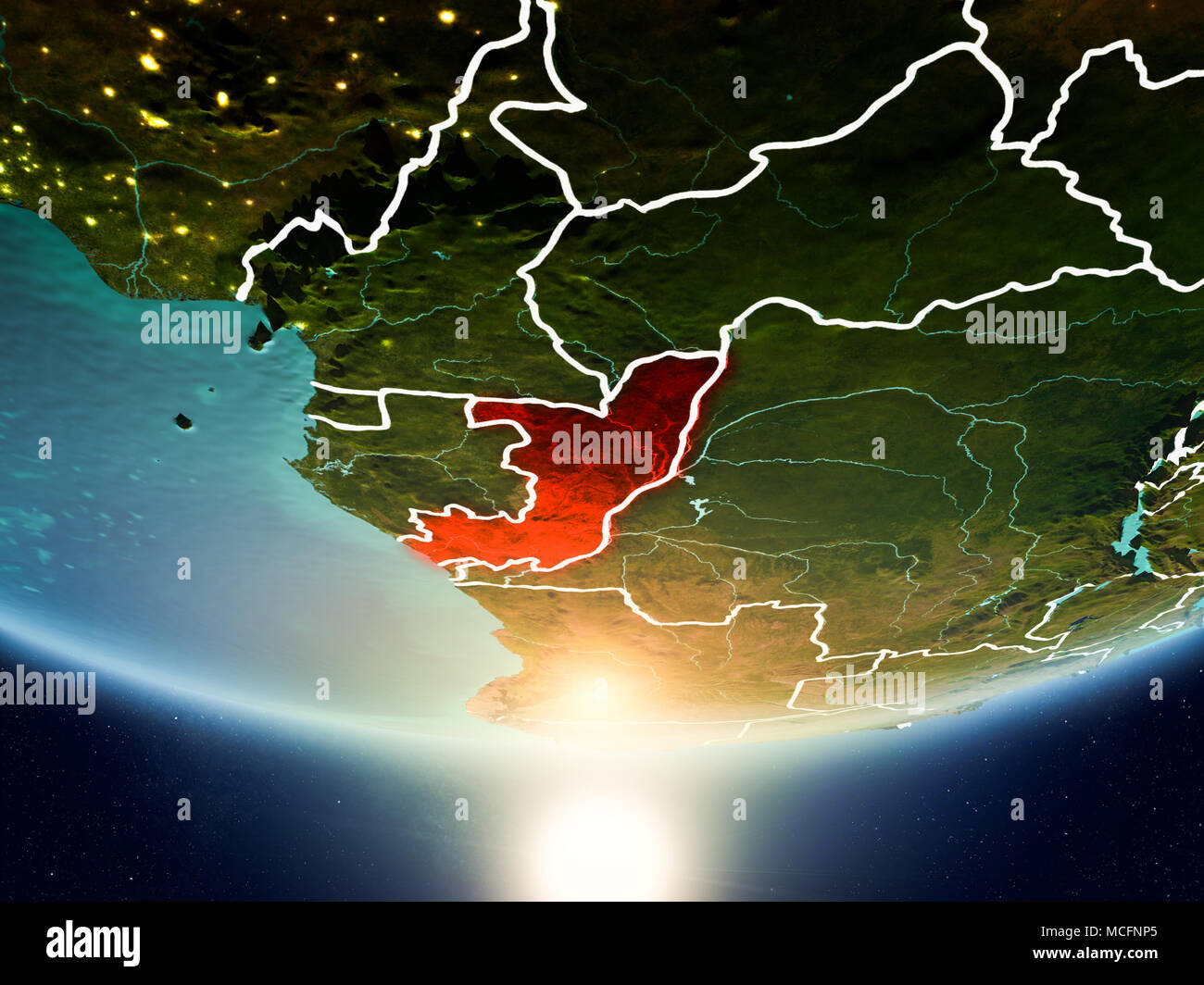 Congo from orbit of planet Earth in sunrise with highly detailed ...