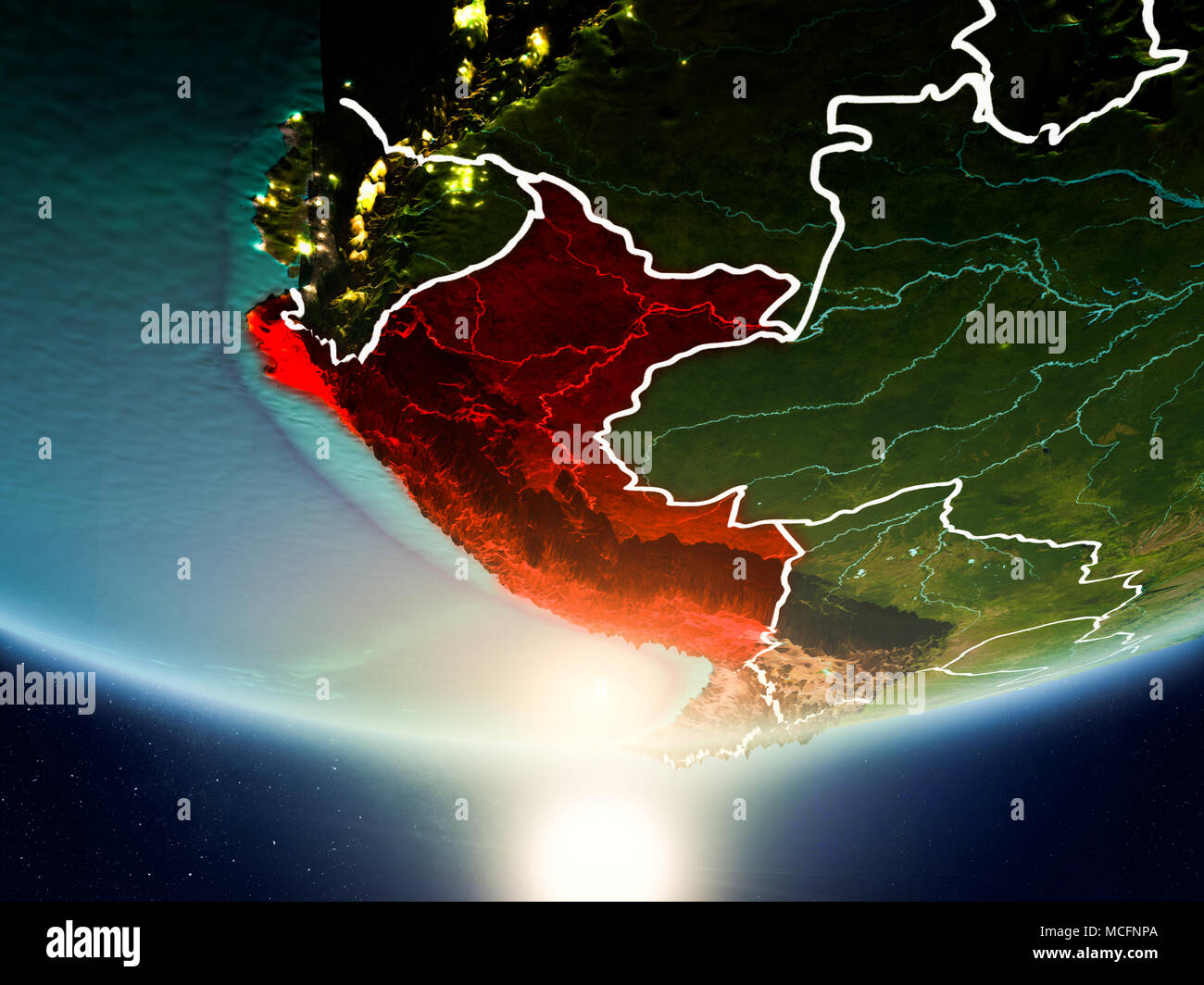 Peru from orbit of planet Earth in sunrise with highly detailed surface ...