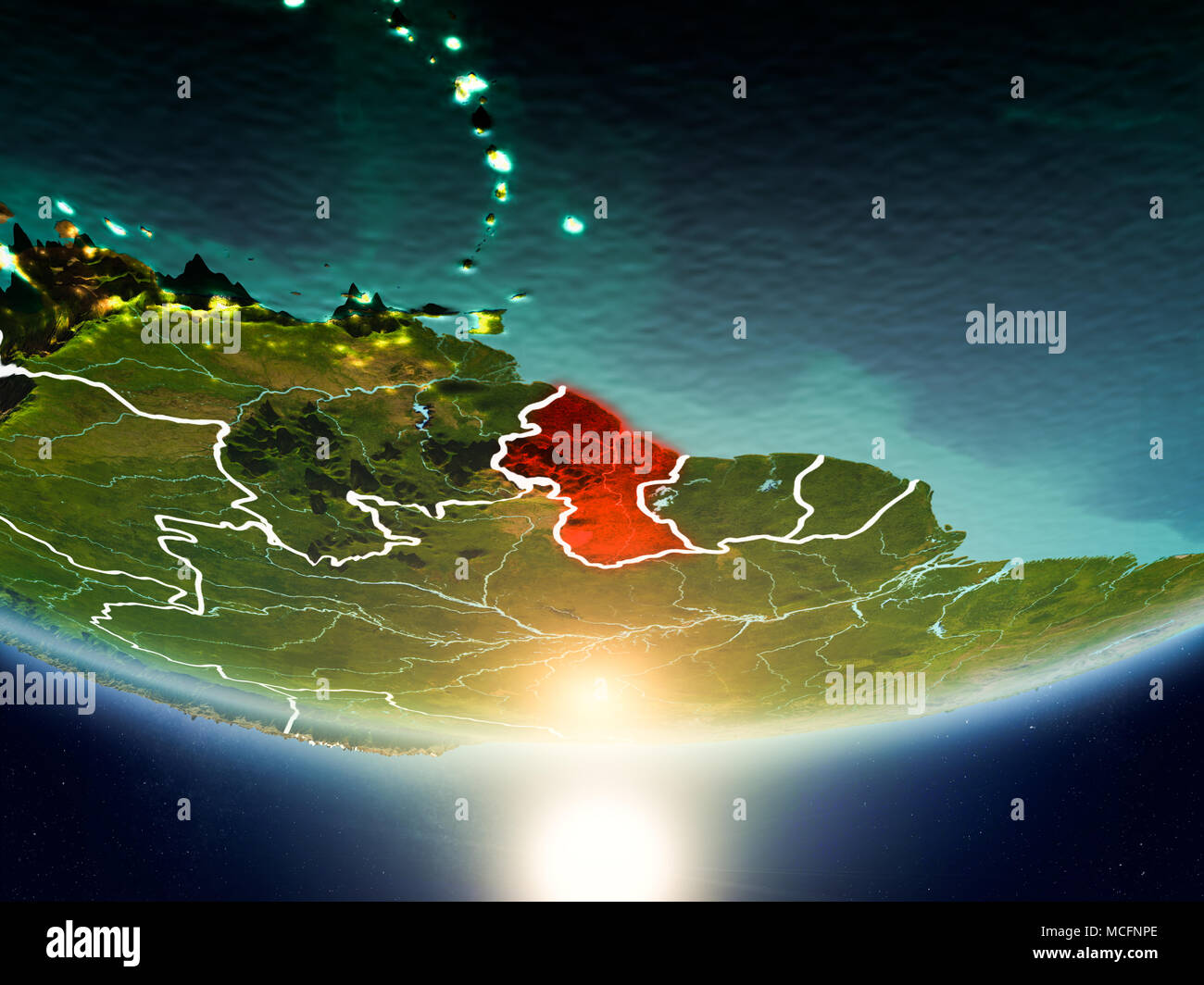 Guyana from orbit of planet Earth in sunrise with highly detailed ...