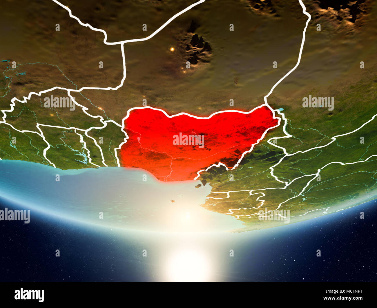 Nigeria from orbit of planet Earth in sunrise with highly detailed ...