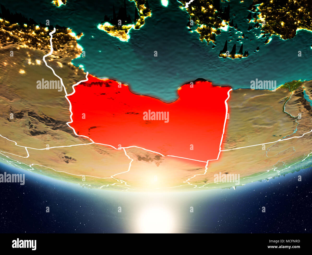 Libya from orbit of planet Earth in sunrise with highly detailed ...