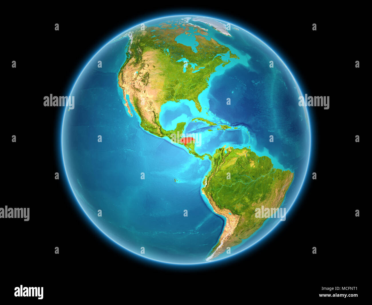 Honduras in red on planet Earth as seen from space on full sphere. 3D ...