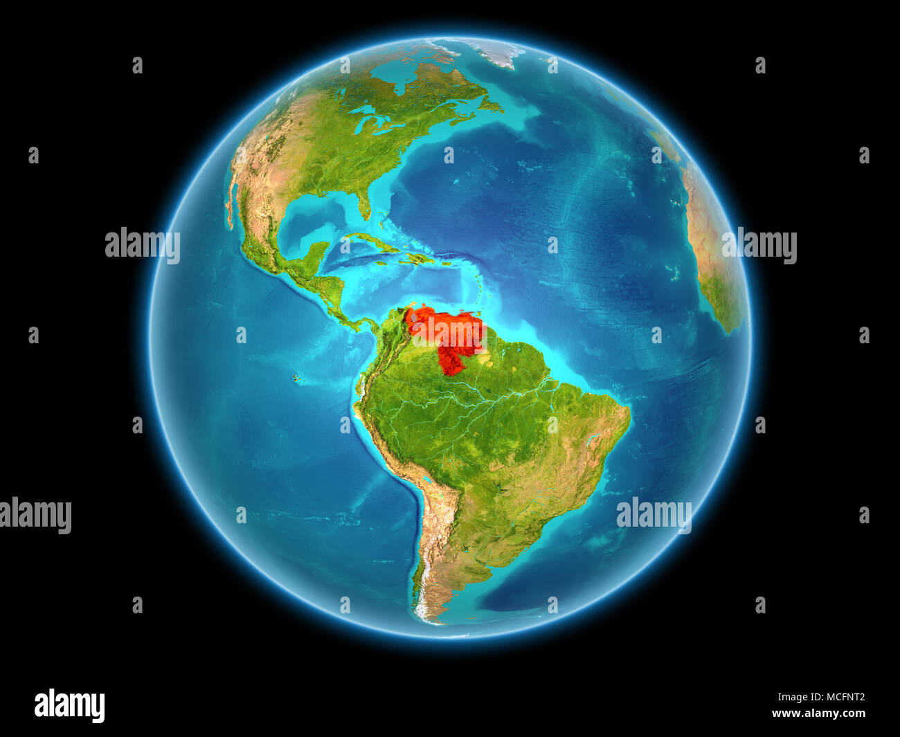 Venezuela in red on planet Earth as seen from space on full sphere. 3D ...