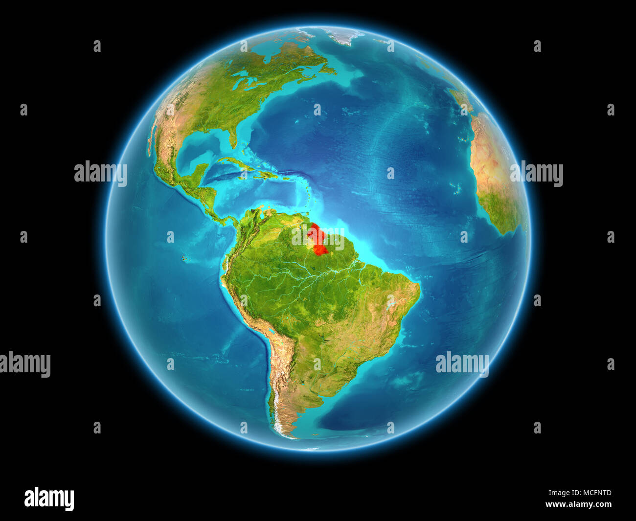 Guyana in red on planet Earth as seen from space on full sphere. 3D ...