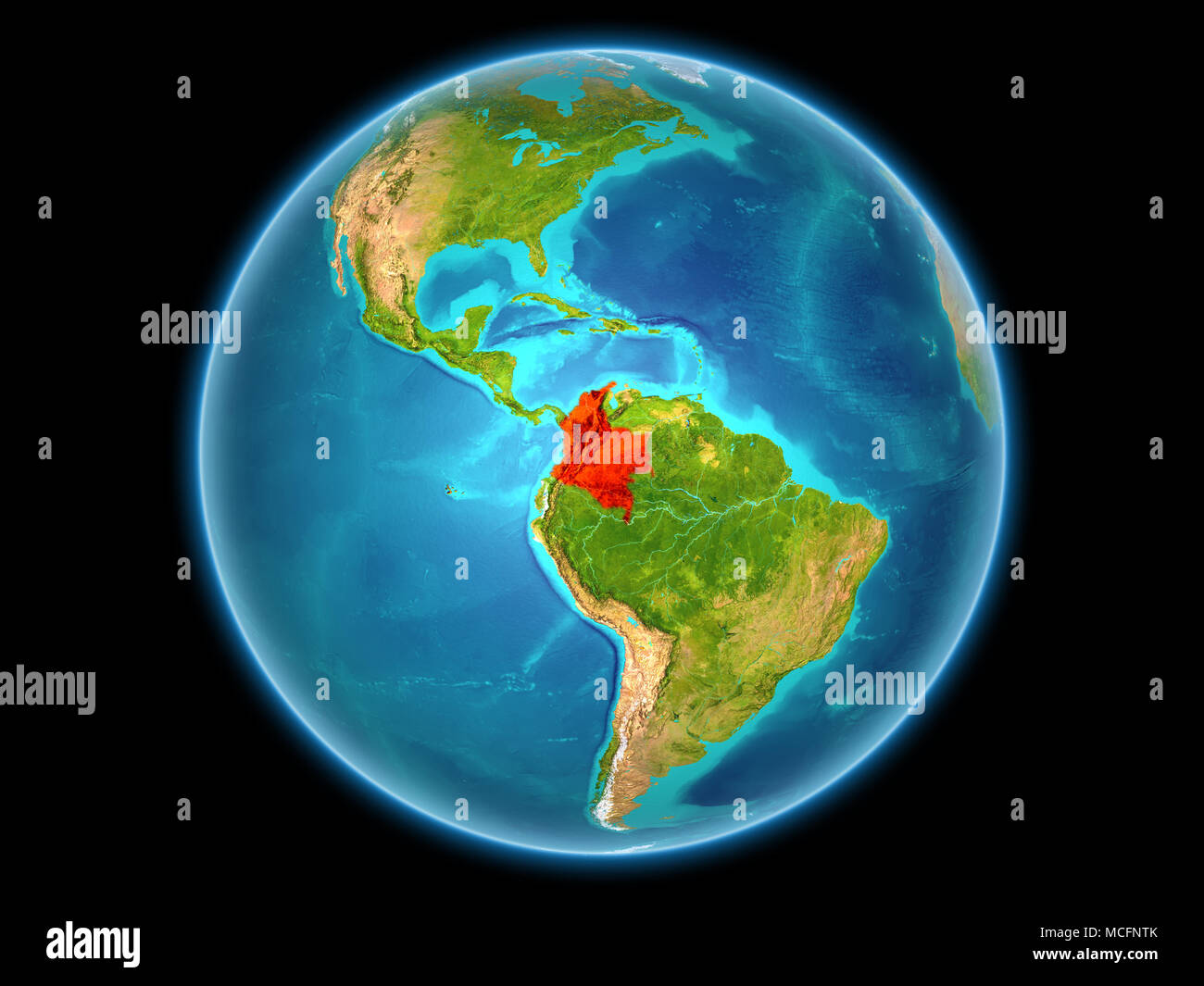 Colombia in red on planet Earth as seen from space on full sphere. 3D ...