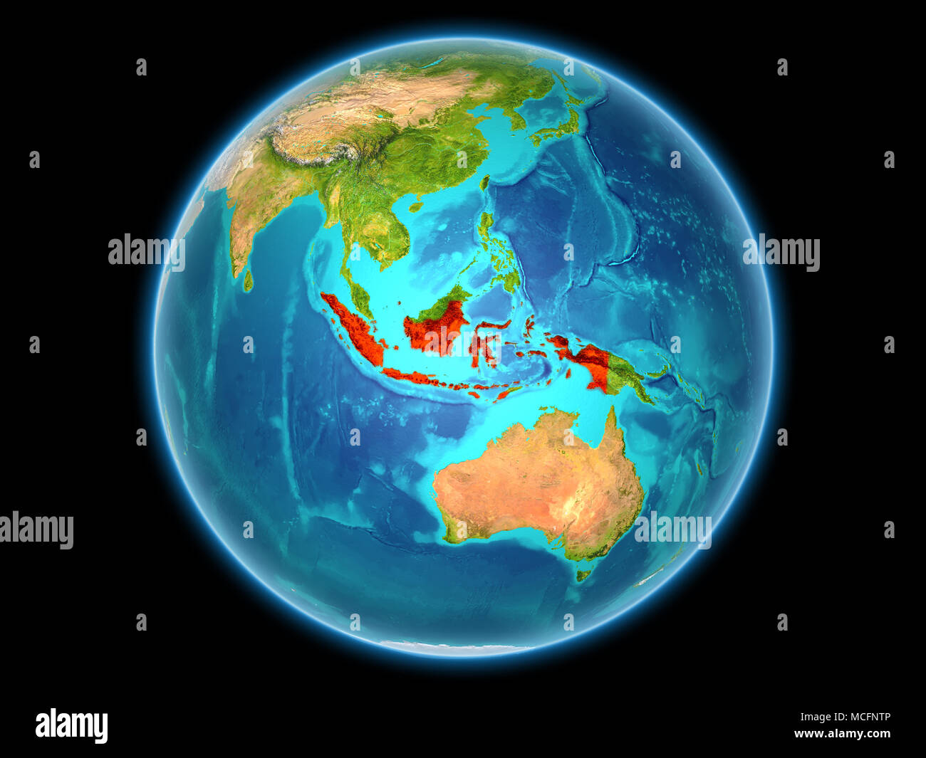 Indonesia in red on planet Earth as seen from space on full sphere. 3D ...