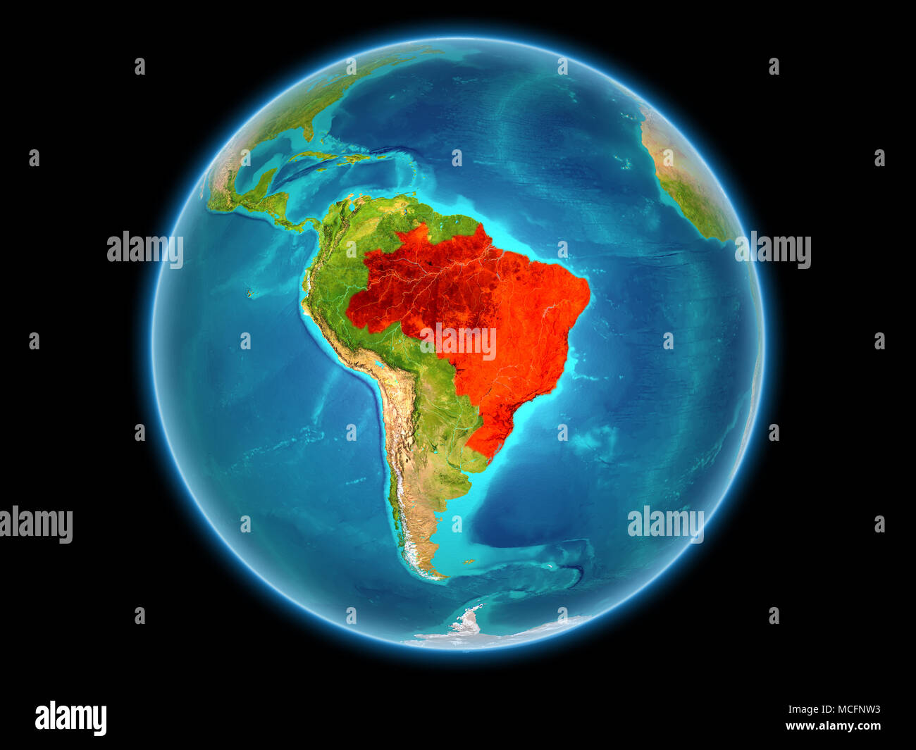 Brazil in red on planet Earth as seen from space on full sphere. 3D ...