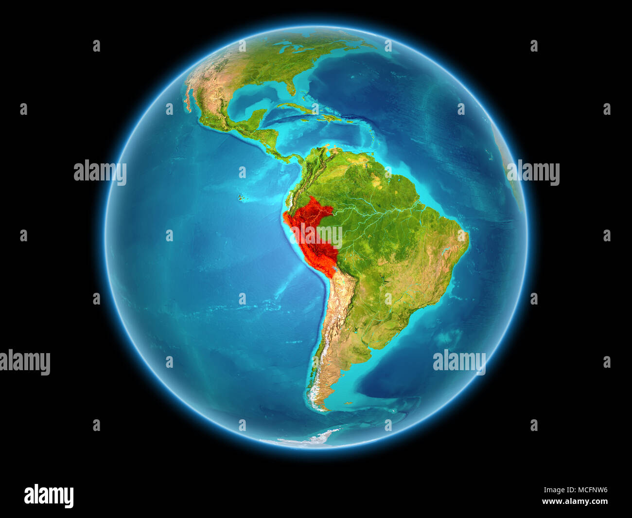 Peru in red on planet Earth as seen from space on full sphere. 3D ...