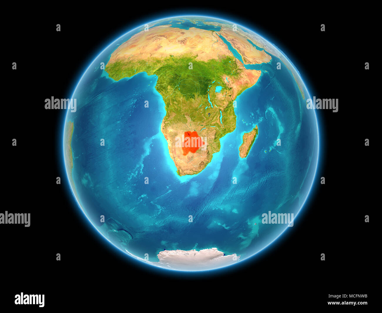 Botswana in red on planet Earth as seen from space on full sphere. 3D illustration. Elements of ...