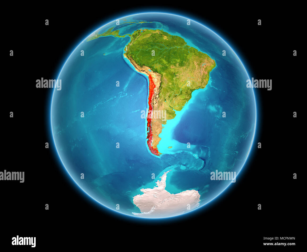 Chile in red on planet Earth as seen from space on full sphere. 3D ...