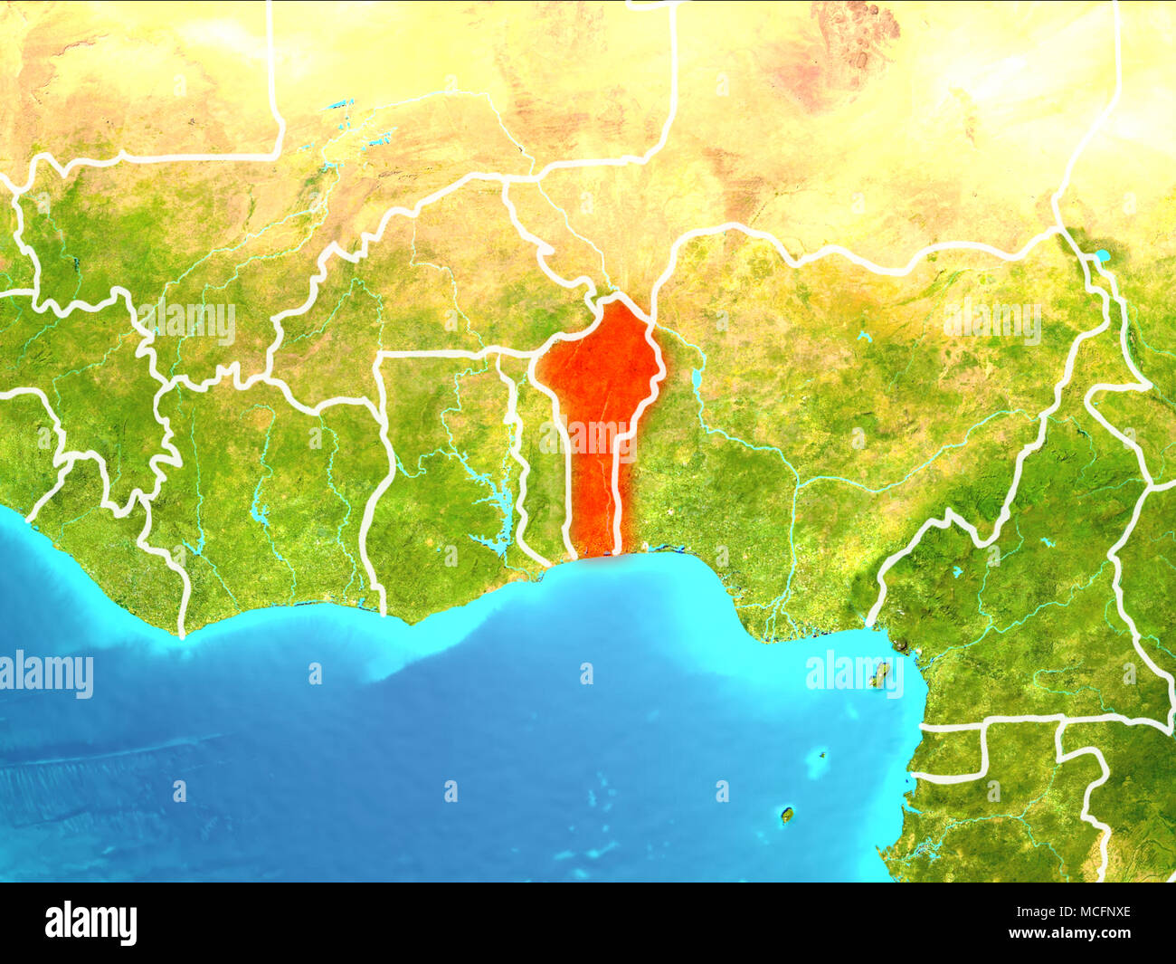 Benin highlighted in red from Earth’s orbit. 3D illustration. Elements ...