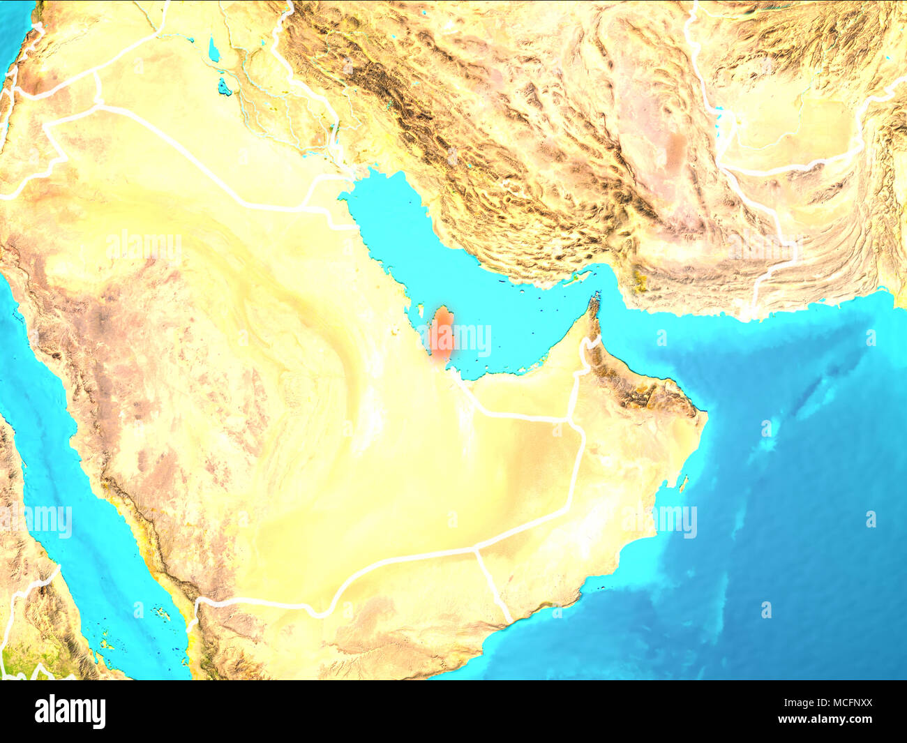Qatar highlighted in red from Earth’s orbit. 3D illustration. Elements ...