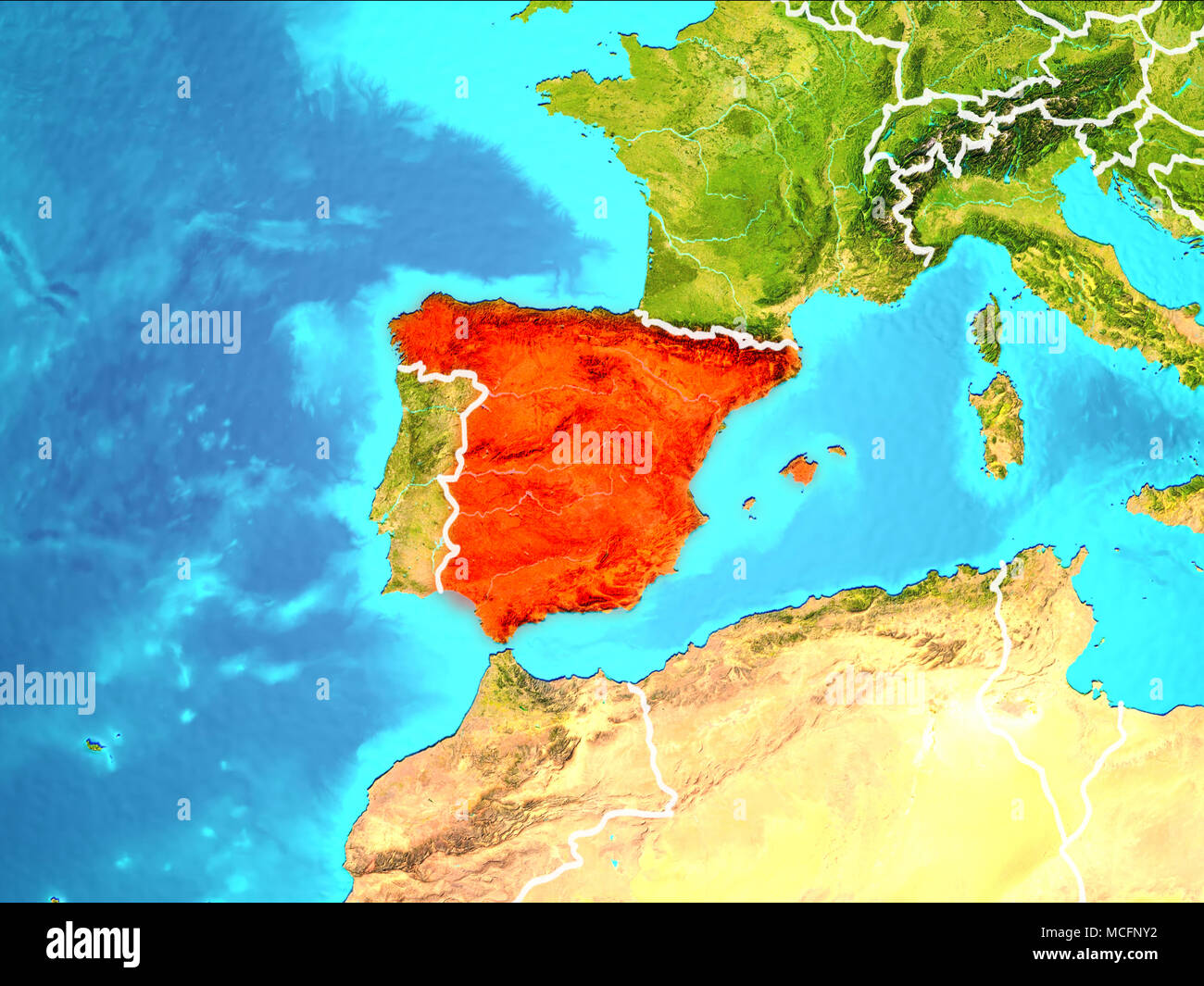 Spain highlighted in red from Earth’s orbit. 3D illustration. Elements ...
