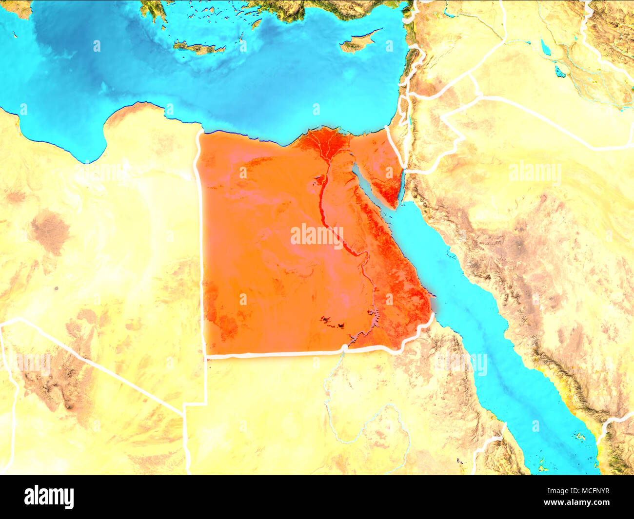 Egypt highlighted in red from Earth’s orbit. 3D illustration. Elements ...
